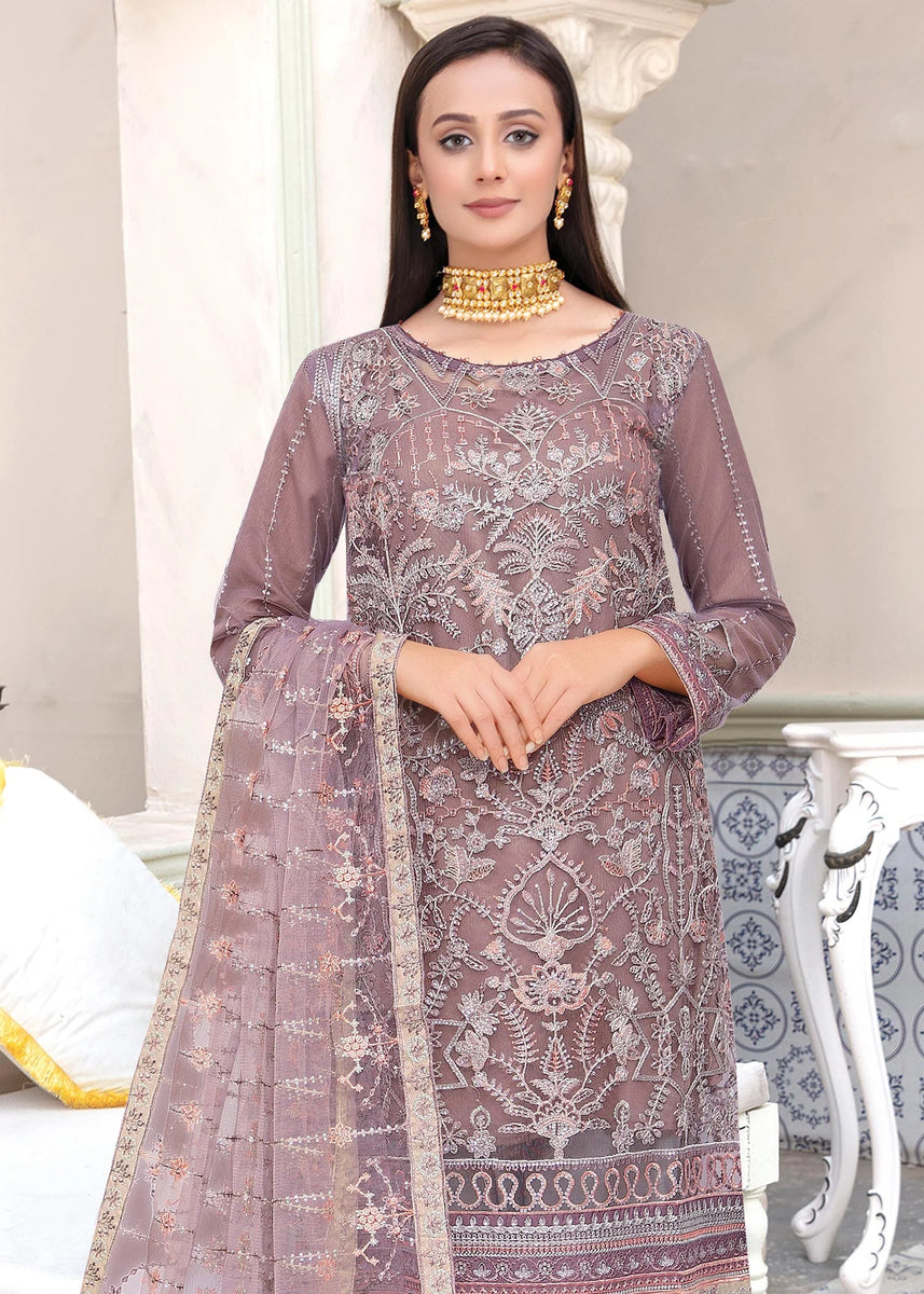 MAH-E-ROOH 3 Piece Net Dusty Pink Eid Outfit 3706 | Desi Posh
