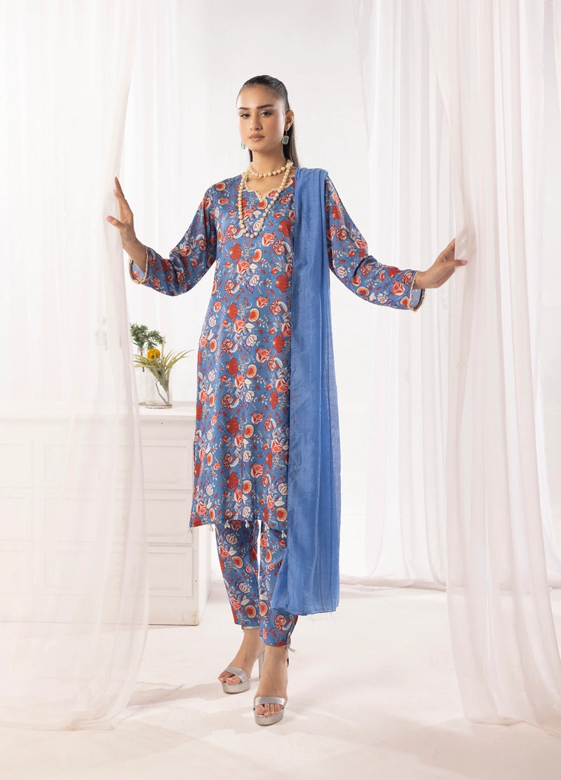 Nakhra Floral Arabic Lawn Suit With Chiffon Dupatta D5 | Desi Posh