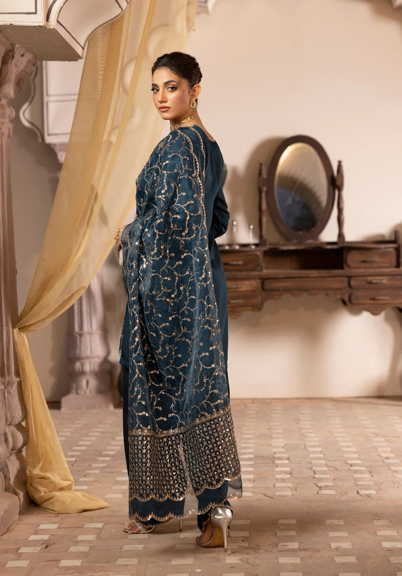 Charisma Primo Luxe Collection Viscose Silk 3 Piece Teal Outfit– Desi Posh