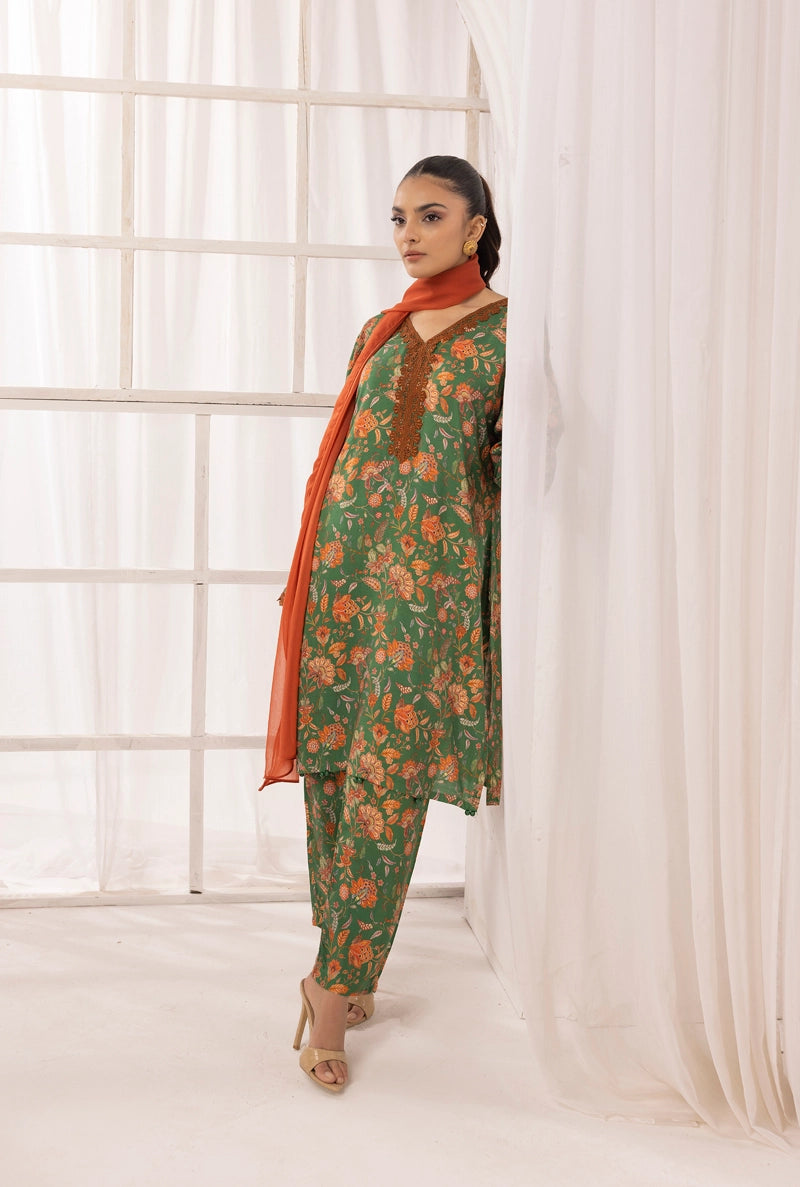 Nakhra Floral Arabic Lawn Suit With Chiffon Dupatta D6– Desi Posh