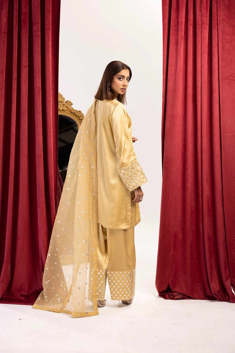 Shamooz Silk Golden Suit With Farshi Salwar and Embroidered Net Dupatta ...