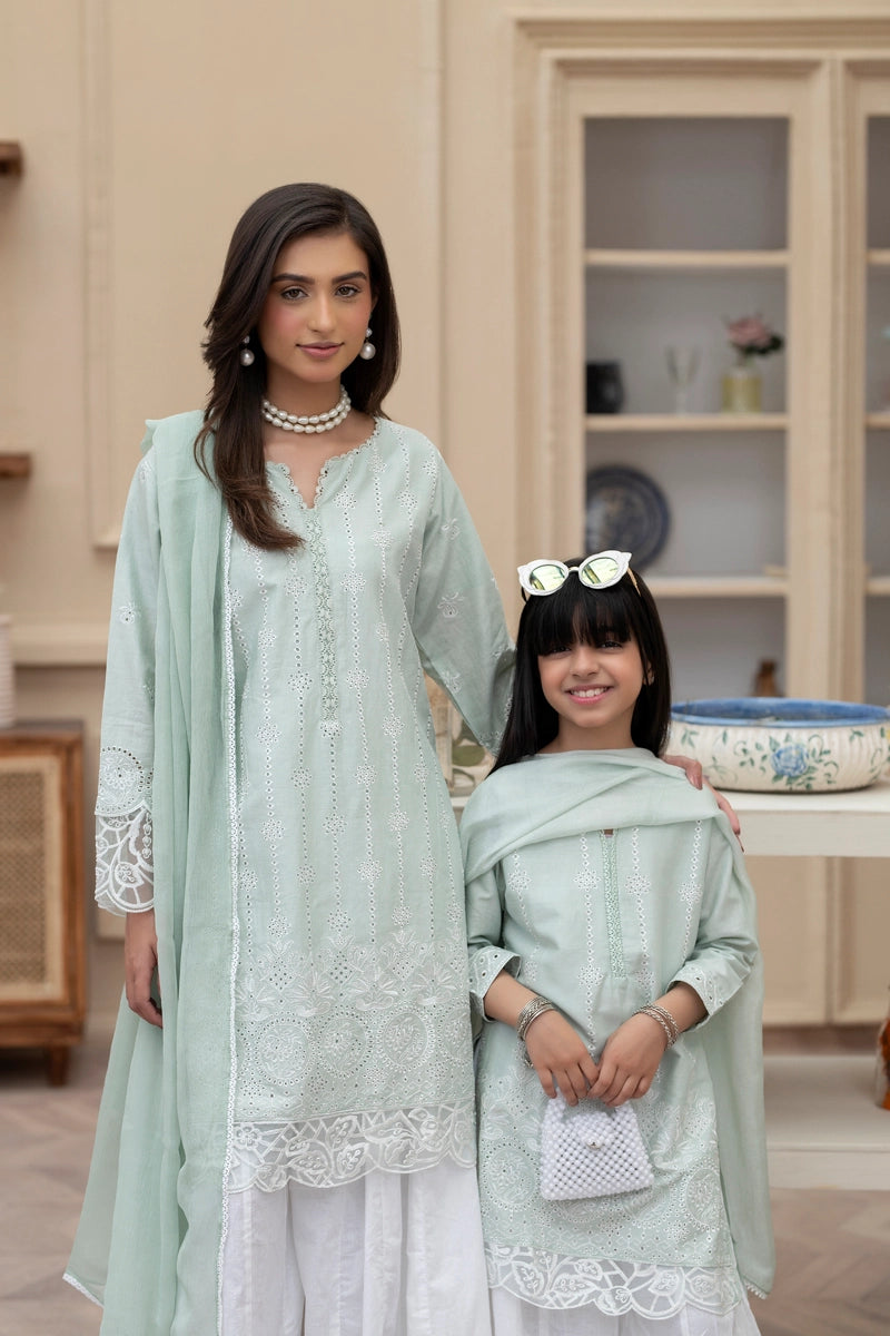 Simrans Mummy & Me Girls Chikan Kari Green Suit | Desi Posh