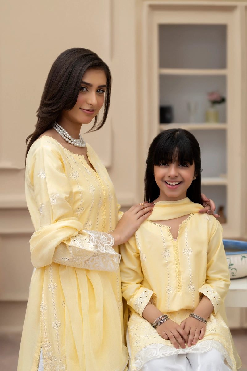 Simrans Mummy & Me Ladies Chikan Kari Yellow Suit | Desi Posh