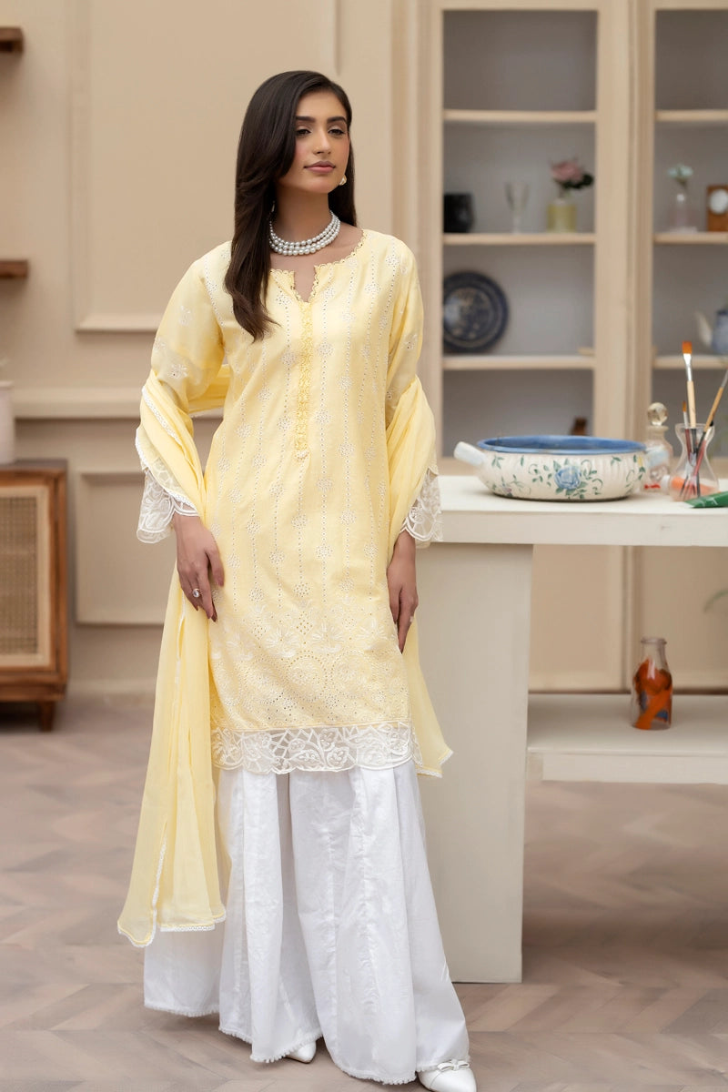 Simrans Mummy & Me Ladies Chikan Kari Yellow Suit | Desi Posh