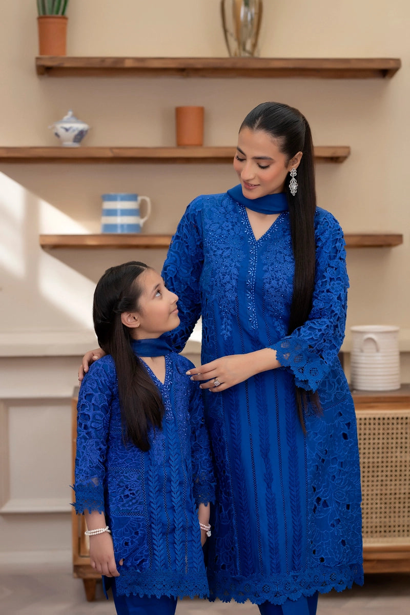 Maria B Inspired Girls Blue Chikan Kari Mummy & Me Eid Outfit | Desi Posh