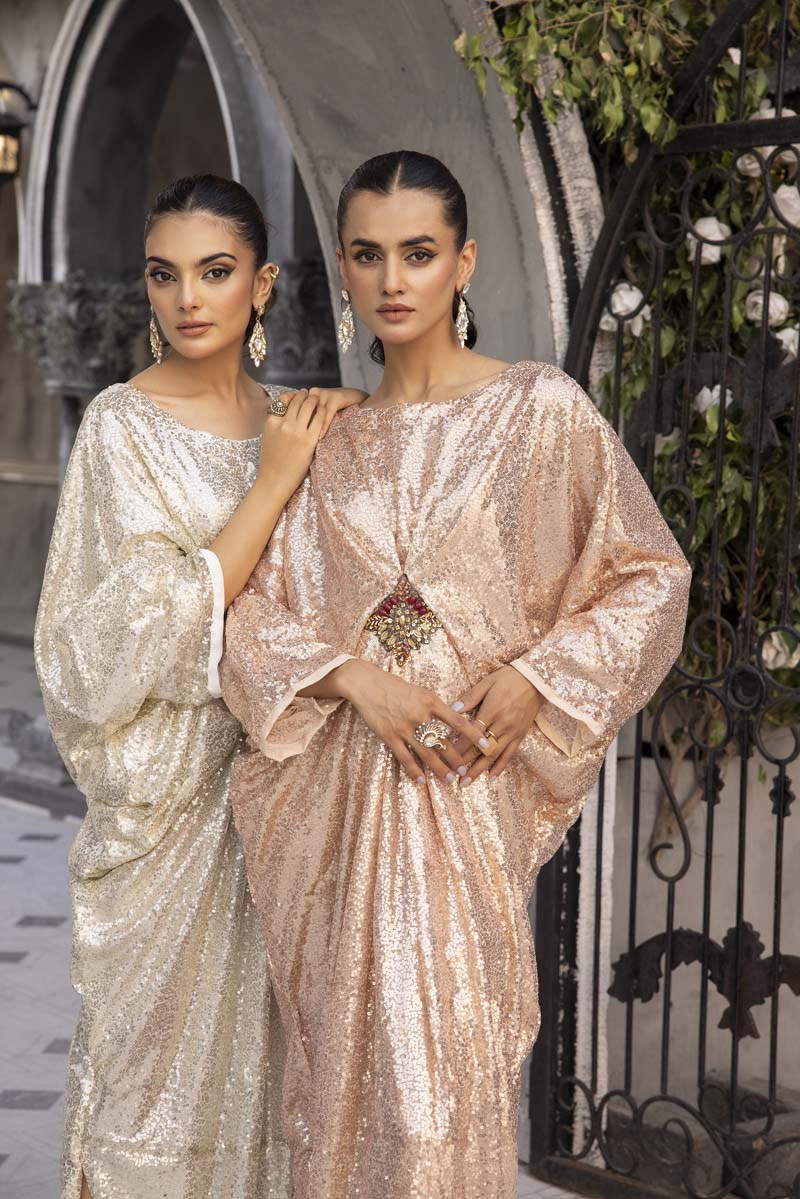Moonlight Net Eid Kaftan Peachy Gold | Desi Posh