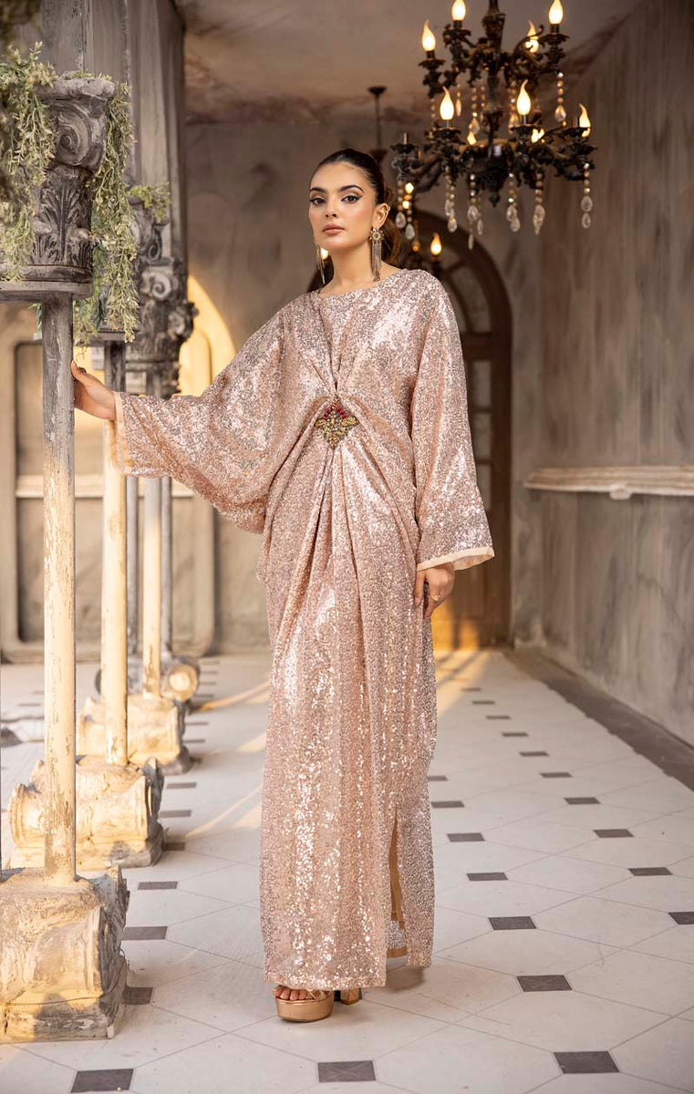 Moonlight Eid Edition Rose Gold Net Kaftan | Desi Posh