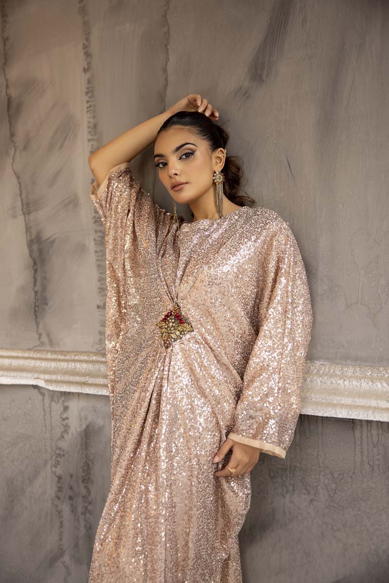 Moonlight Eid Edition Rose Gold Net Kaftan | Desi Posh
