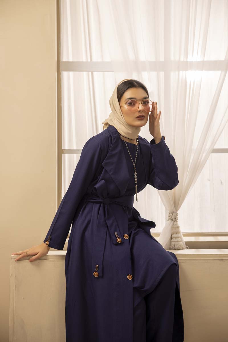 Modest Wear By Simrans 3 Piece Linen Outfit Blue DLC03 | Desi Posh