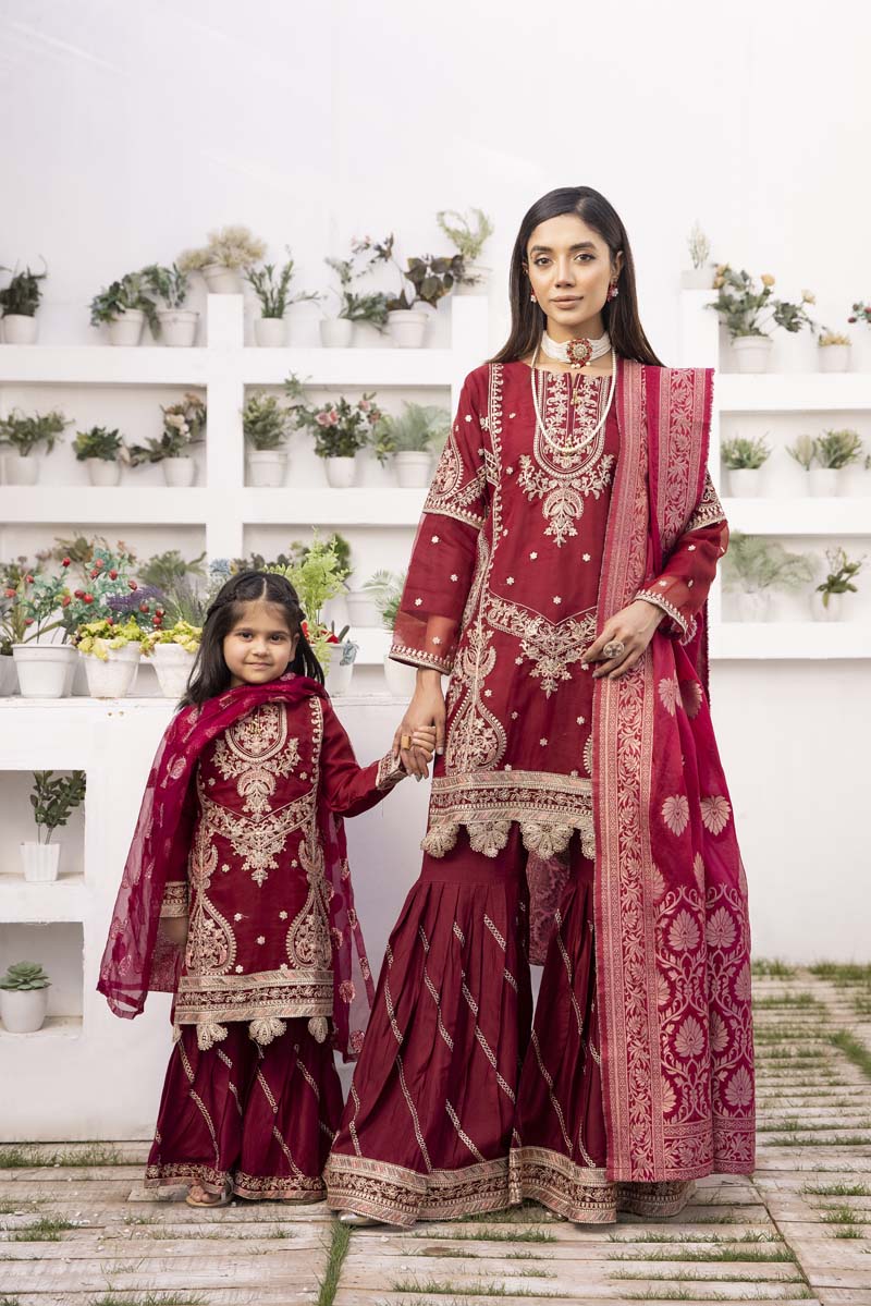 Simrans Organza Mummy & Me Ladies Eid Maroon Gharara Suit | Desi Posh