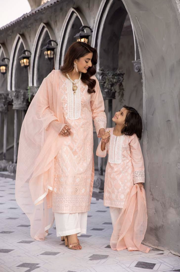Sana Safinaz Inspired Girls Peach Chikan Kari Mummy & Me Eid Outfit ...