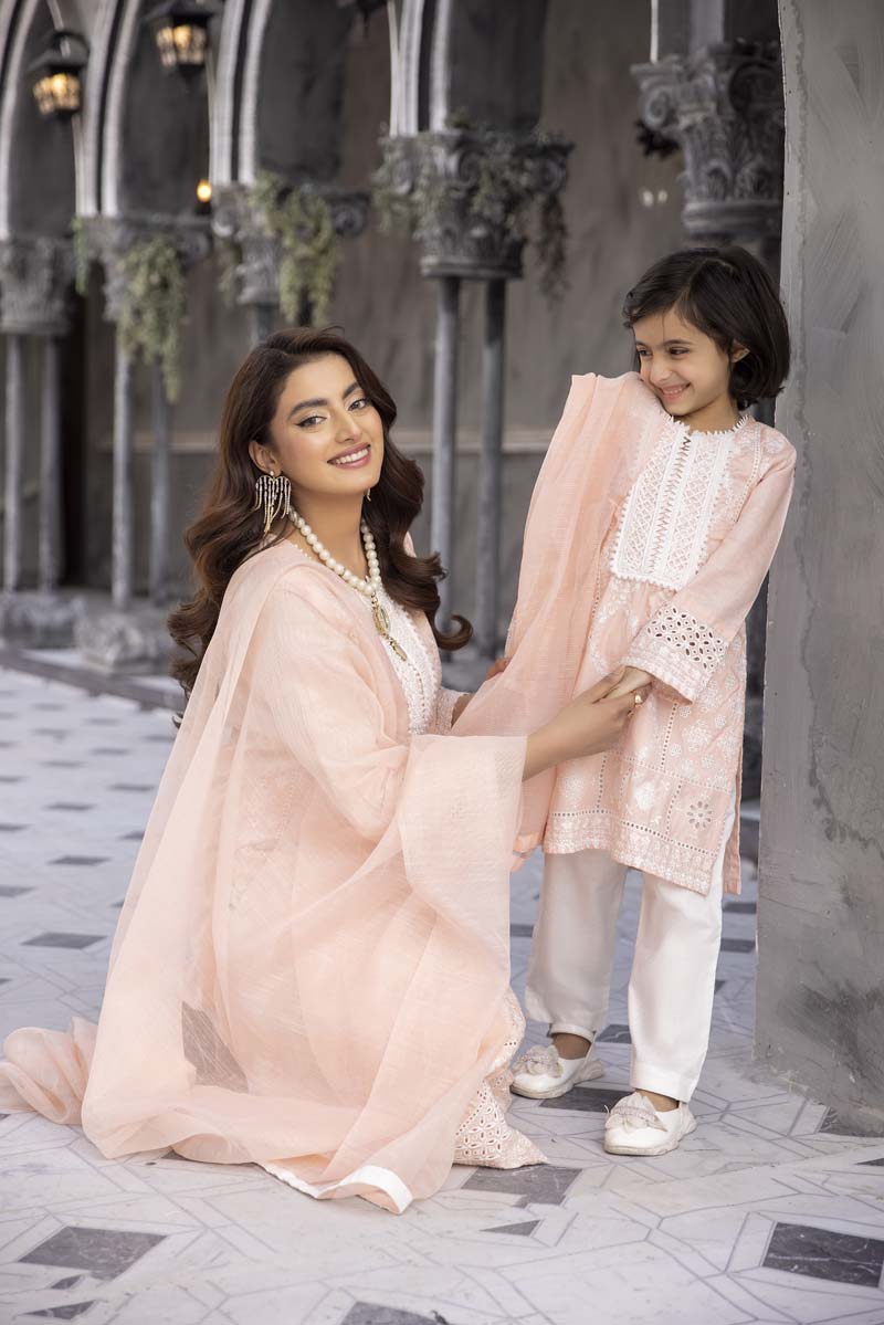 Sana Safinaz Inspired Girls Peach Chikan Kari Mummy & Me Eid Outfit ...