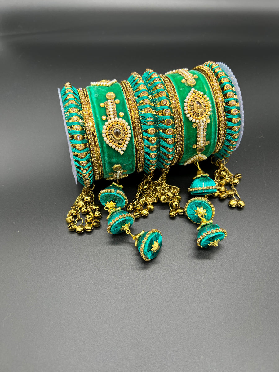 Teal Green Thread and Gold Stone Work Bangles | Desi Posh