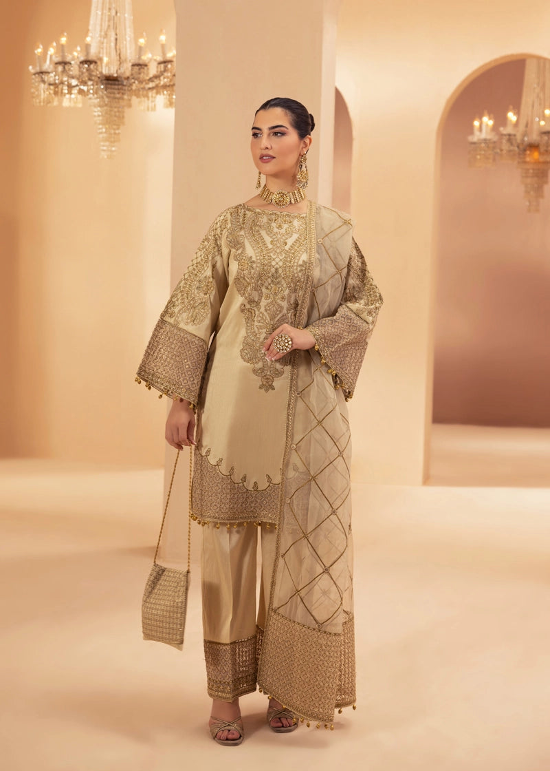 Heer Luxe Premium Raw Silk Eid Collection 3 Piece Suit Beige D2 | Desi Posh
