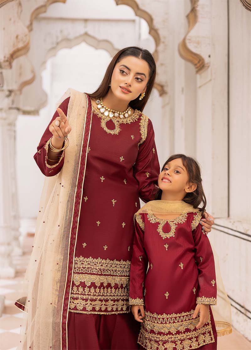 Mayoo Mother & Daughter Maroon Ladies Wedding Sharara Oufit | Desi Posh