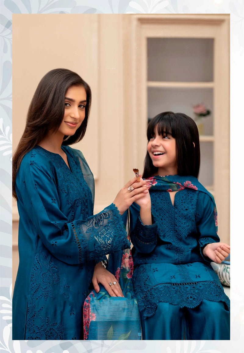 Sana Safinaz Inspired Viscose Teal Blue Chikan Kari Mummy & Me Girls ...