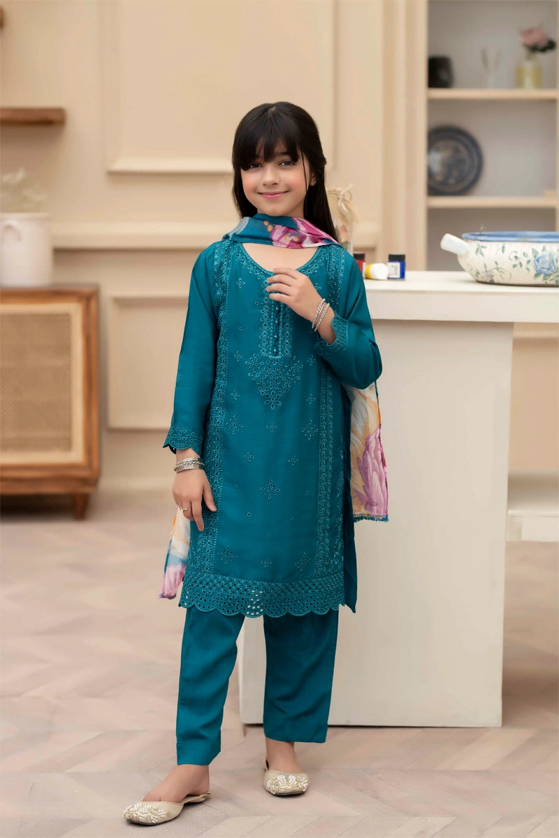 Sana Safinaz Inspired Viscose Teal Green Chikan Kari Mummy & Me Girls ...