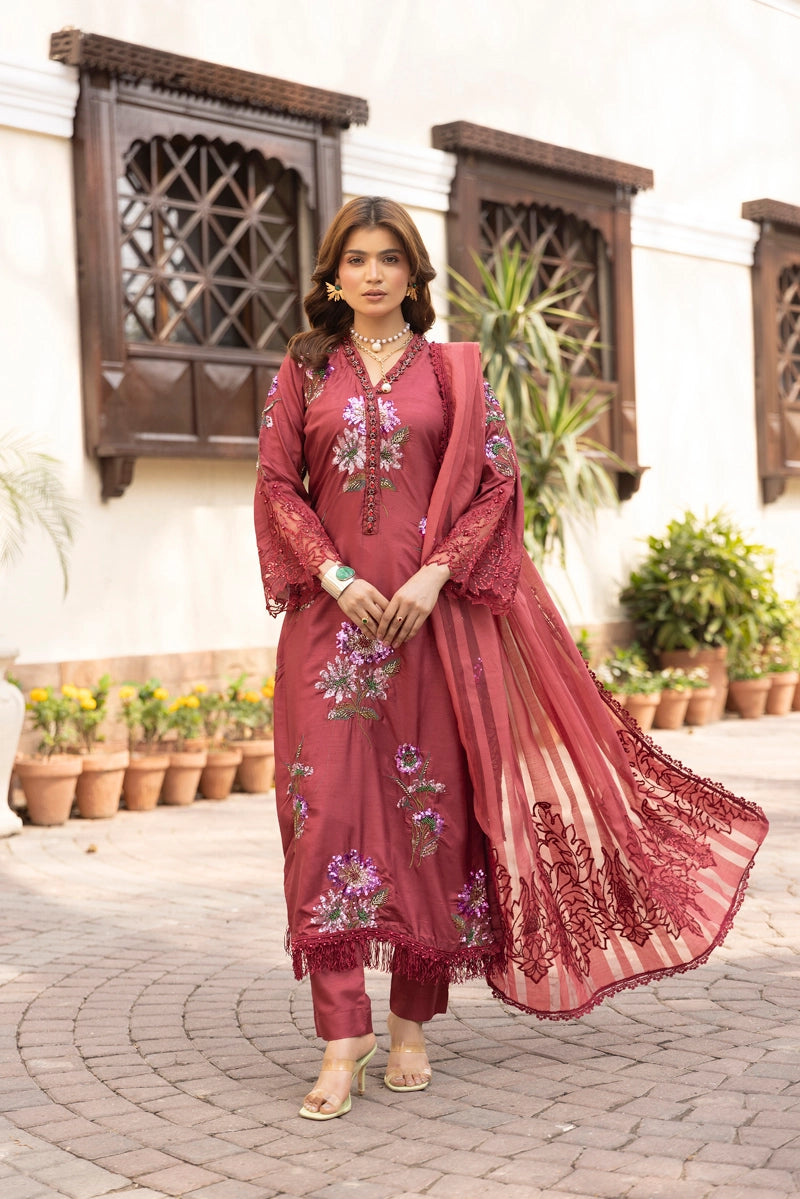 Ladies Maroon Maria B Inspired Raw Silk Suit | Eid Outfits– Desi Posh