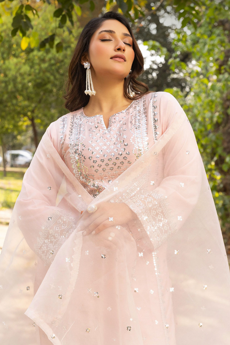 Sapphire inspired Viscose Silk 3 Piece Peach Party Outfit– Desi Posh