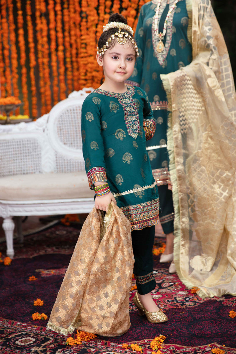 Ivana Girls Emerald Green Jacquard Mummy & Me Outfit 3147K | Desi Posh