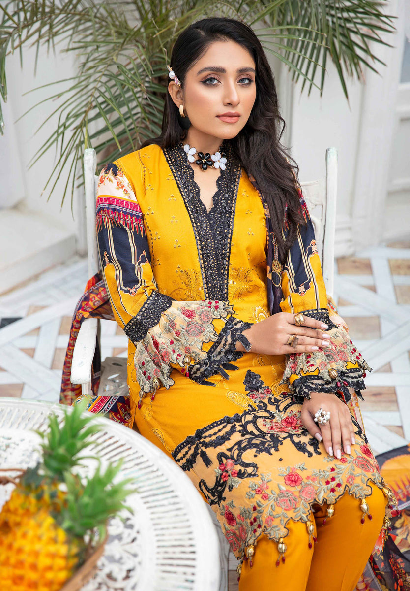 Fanaah Digital Print Linen Mustard Outfit F07 | Desi Posh