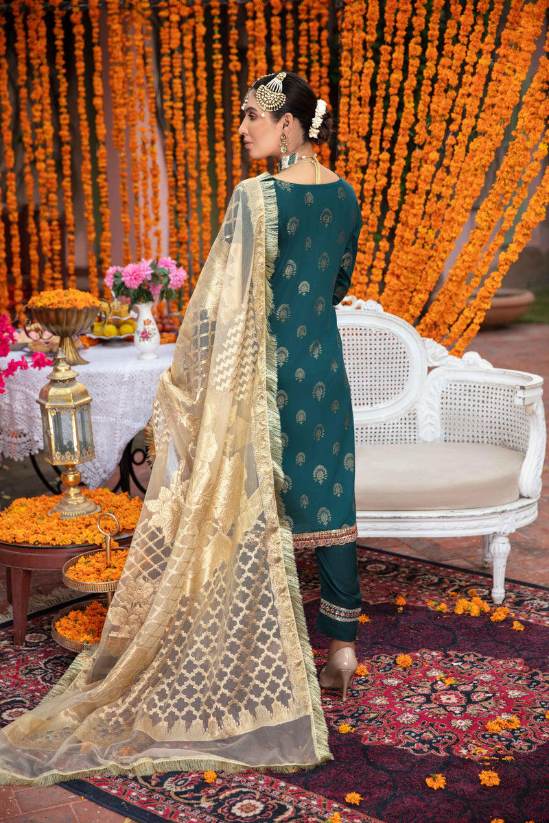 Ivana Ladies Emerald Green Jacquard Mummy & Me Outfit 3147 | Desi Posh