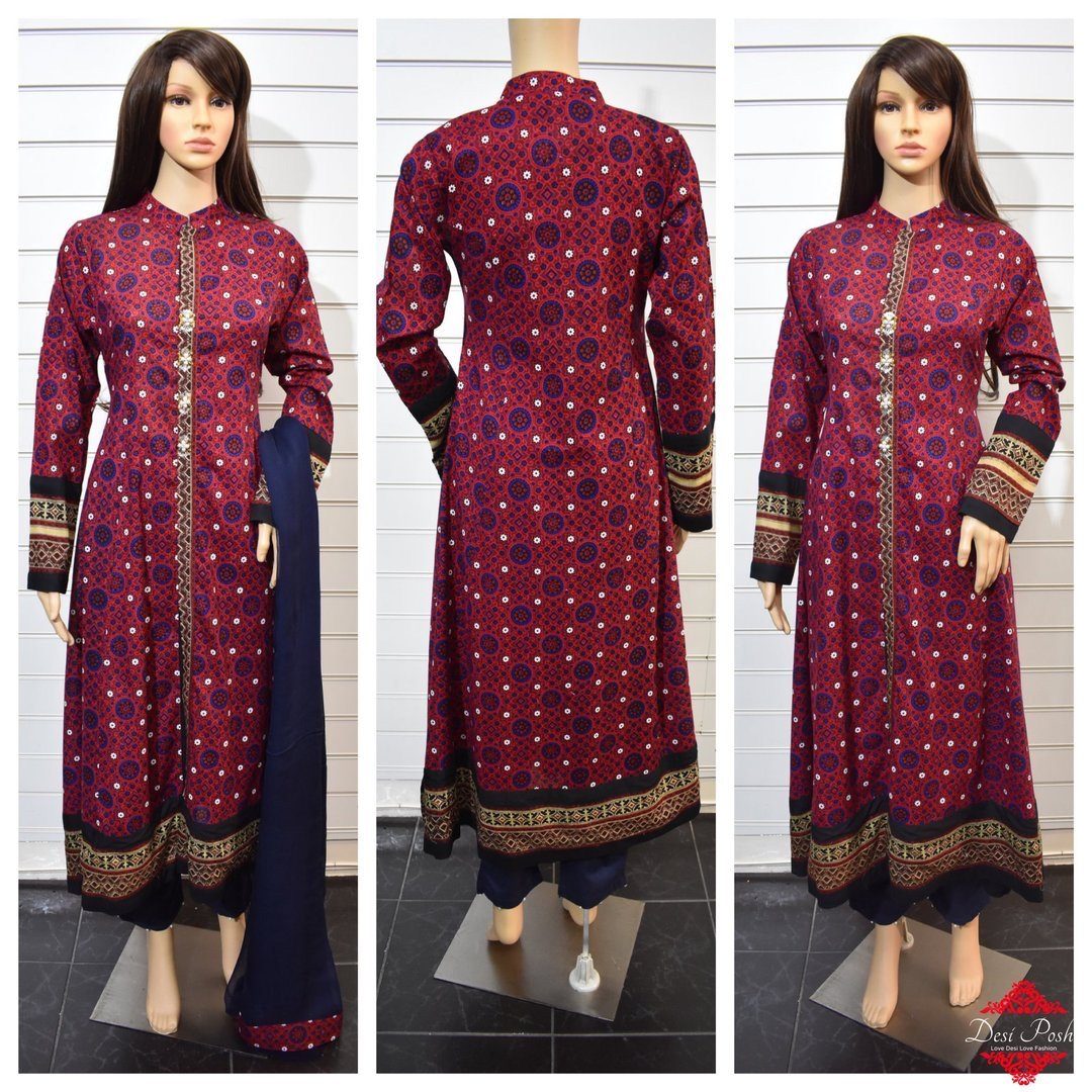 Kids Sindhi Ajrak Long Dress Lilen Outfit with pearl detailed trousers ...