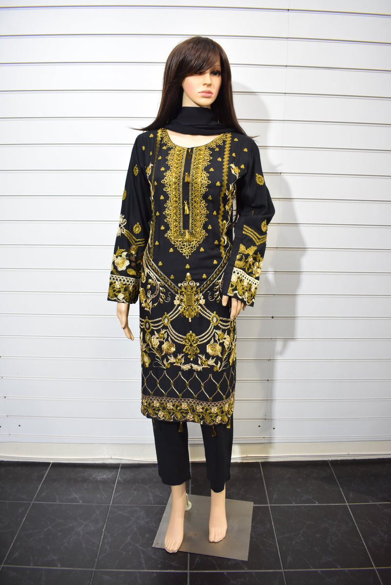 Maria B inspired Ready Made Embroidered Black Outfit | Desi Posh