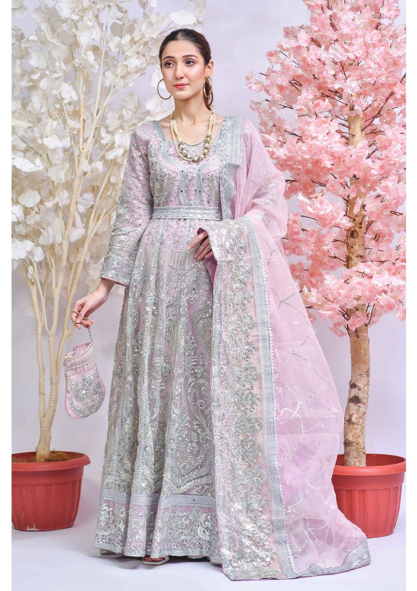 Simrans Designer Formal Pastel Pink Ladies Long Gown Suit | Desi Posh