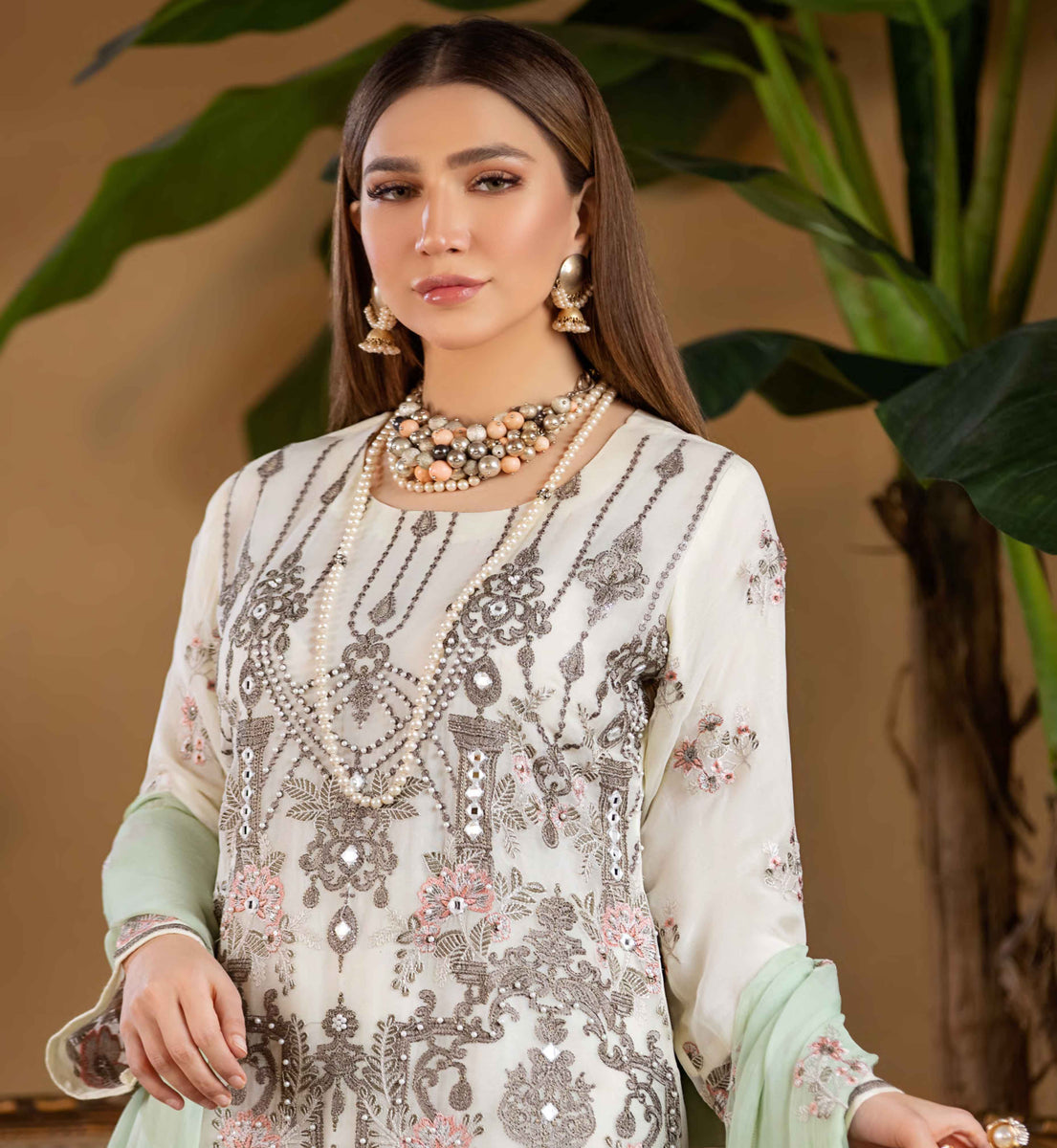 Zara Chiffon Cream 3 Piece Kameez Outfit MSL3 | Desi Posh