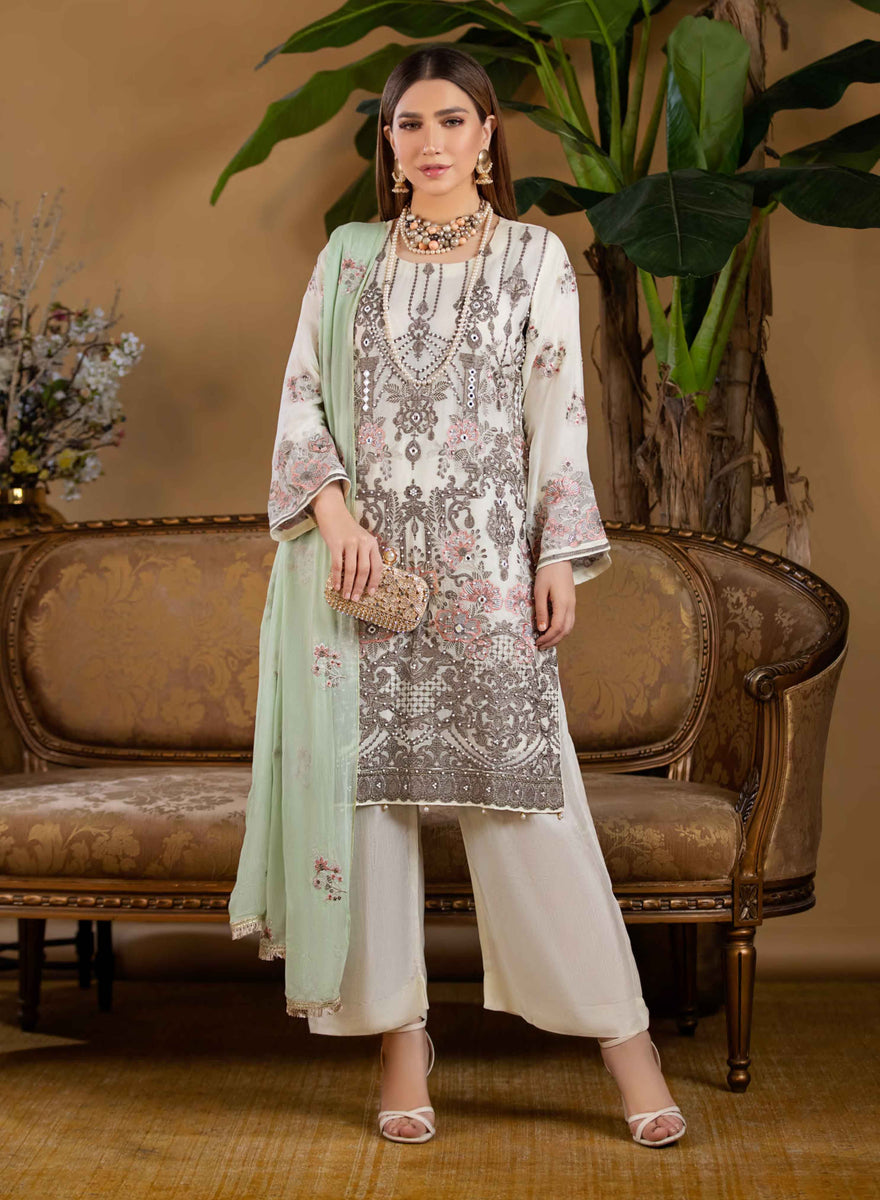 Zara Chiffon Cream 3 Piece Kameez Outfit MSL3 | Desi Posh
