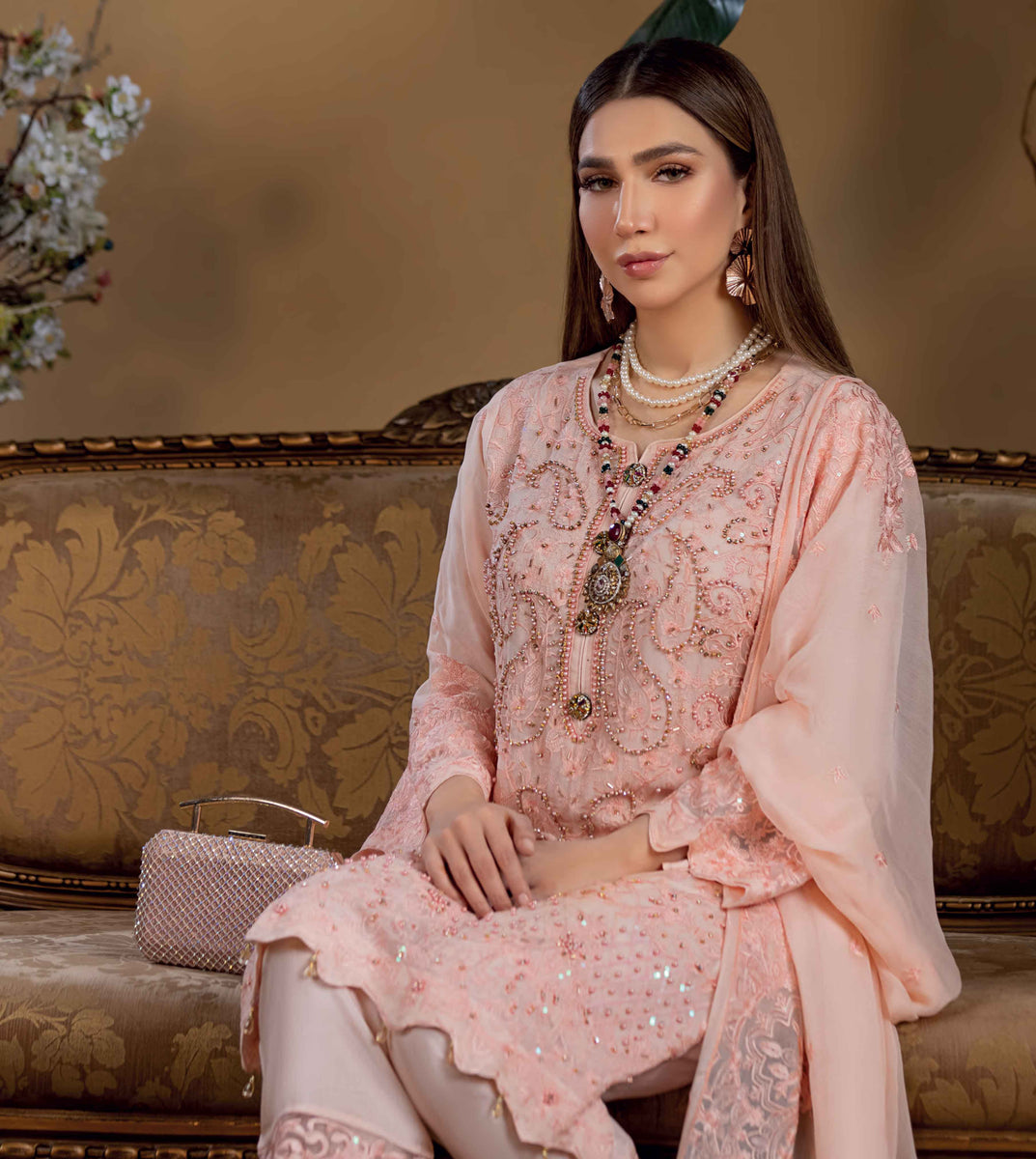 Zara Chiffon Peach 3 Piece Kameez Outfit MSL1 | Desi Posh