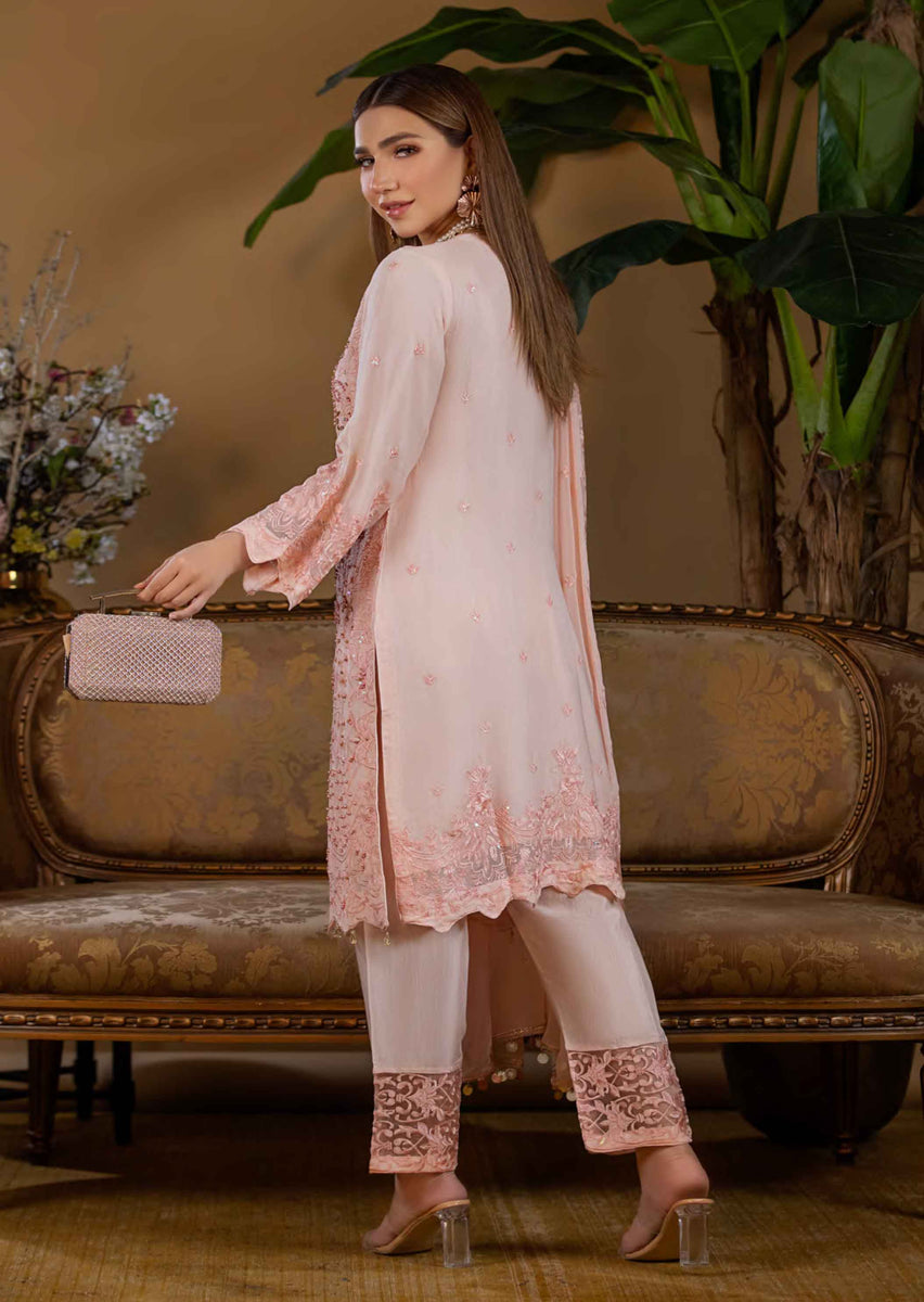 Zara Chiffon Peach 3 Piece Kameez Outfit MSL1 | Desi Posh