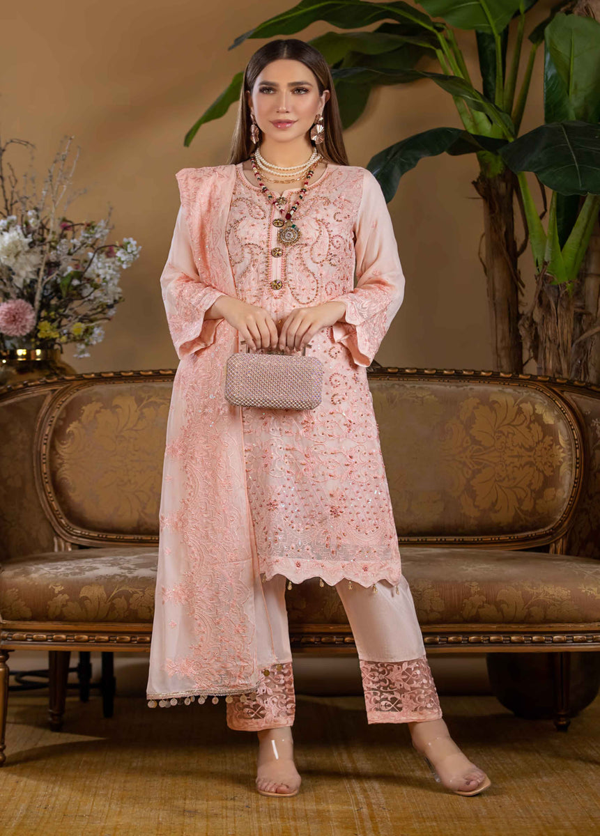 Zara Chiffon Peach 3 Piece Kameez Outfit MSL1 | Desi Posh